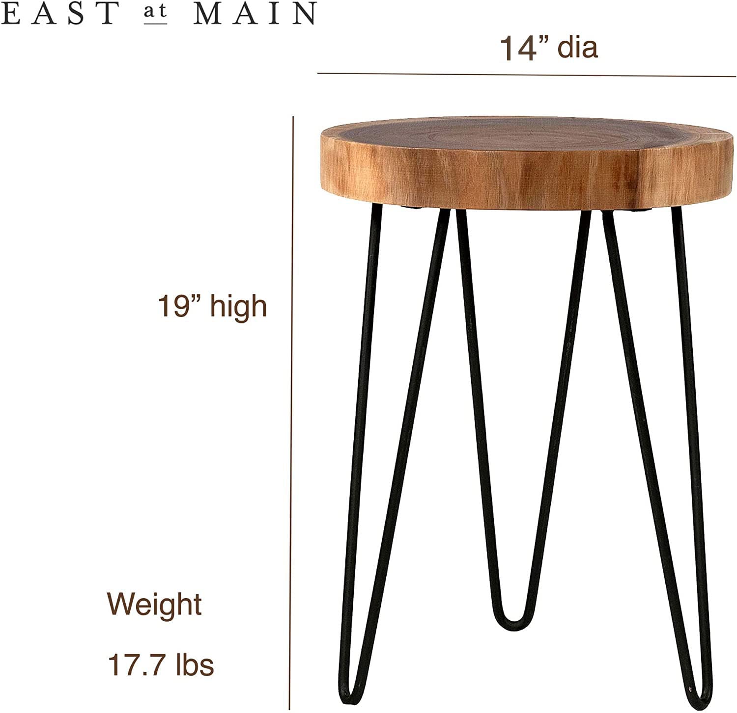 East at Main Round Stump End Table - 14” Dia x 19”h Solid 2 ¼ “ Teak Wood Slice w/Iron Metal Legs - Living Room, Bedroom, Farmhouse Decor - Rustic Live Edge Accent Table