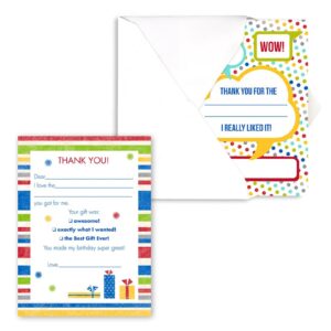 dots and stripes kids thank you note card pack / 20 fill in childrens colorful thanks cards with white envelopes / 4 5/8" x 6 1/4" kid birthday party thank you