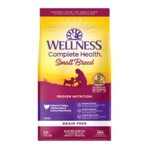 wellness complete health grain-free small breed dry dog food, natural ingredients, made in usa with real turkey, for all lifestages (turkey, chicken & salmon, 4-pound bag)