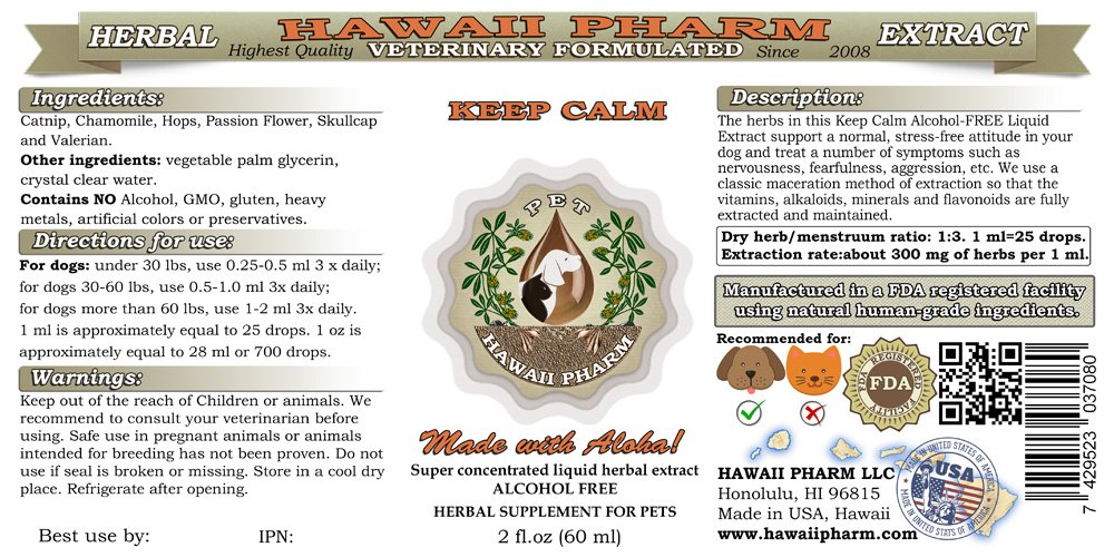 HawaiiPharm Keep Calm, Veterinary Natural Alcohol-Free Liquid Extract, Pet Herbal Supplement 2 oz