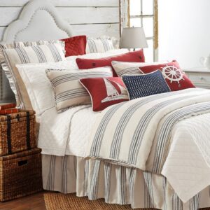 hiend accents prescott farmhouse bedding, 3 piece super king size striped duvet cover set with pillow shams, ivory navy ticking stripes pattern comforter cover, chic casual coastal boho style bed set