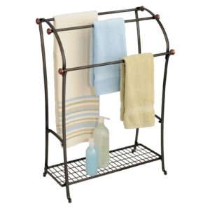 mdesign large standing metal bathroom towel holder stand with shelf - 3-tier towel rack stand for hanging bath, hand, fingertip towels - towel stand for bathroom - hyde collection - bronze/warm brown