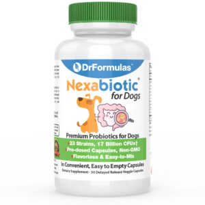 drformulas probiotics for dogs & puppies pets diarrhea treatment | flavorless, pre-dosed, 23 premium nexabiotic probiotic for pets with saccharomyces boulardii, lactobacillus acidophilus, 30 doses