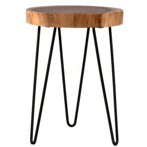 east at main round stump end table - 14” dia x 19”h solid 2 ¼ “ teak wood slice w/iron metal legs - living room, bedroom, farmhouse decor - rustic live edge accent table