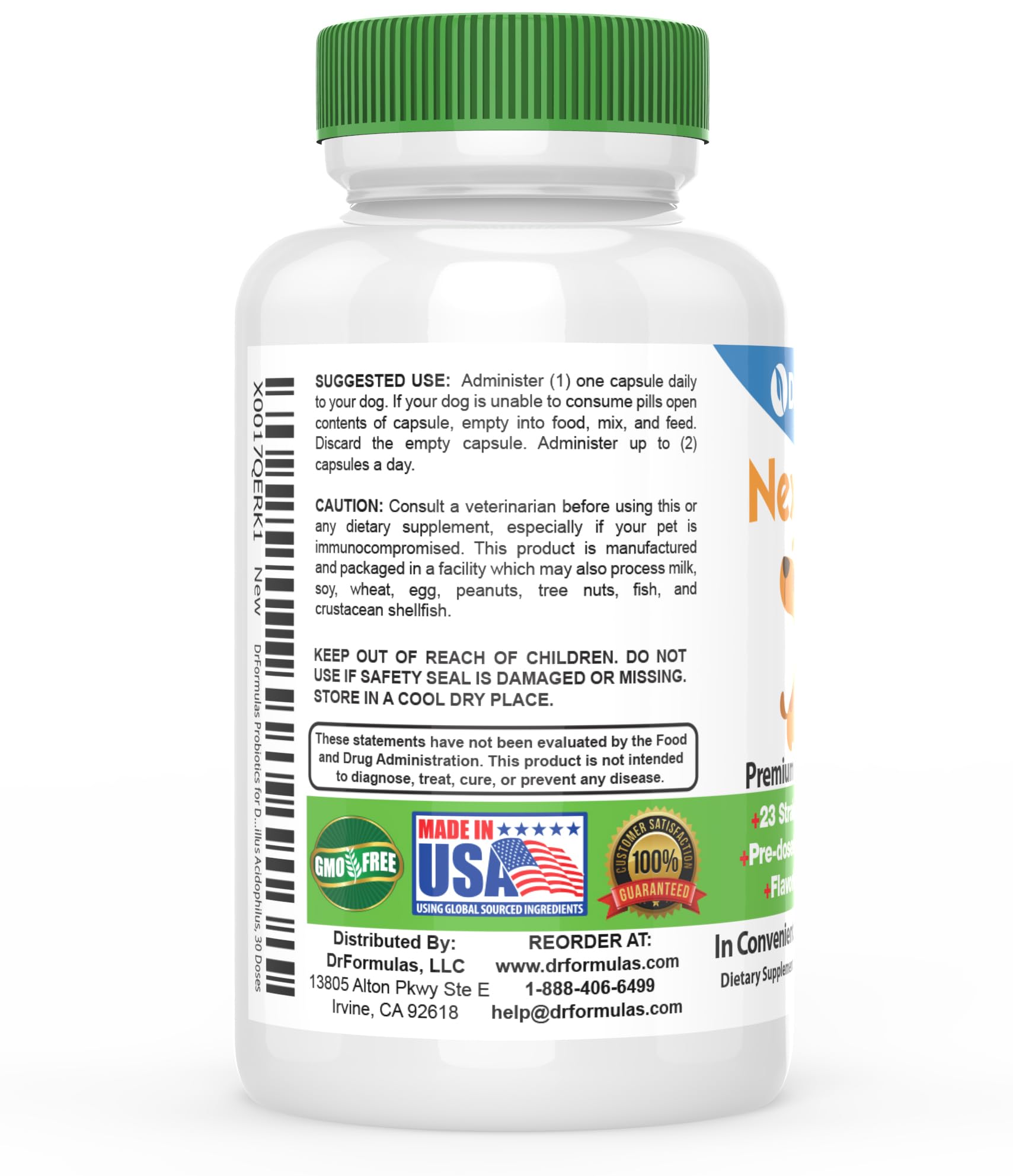 DrFormulas Probiotics for Dogs & Puppies Pets Diarrhea Treatment | Flavorless, Pre-dosed, 23 Premium Nexabiotic Probiotic for Pets with Saccharomyces Boulardii, Lactobacillus Acidophilus, 30 Doses