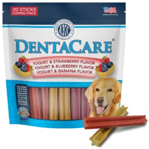 american kennel club dentacare variety pack dog treats, includes yogurt with strawberry, yogurt with blueberry, and yogurt with banana, good for dog dental health, 20 count