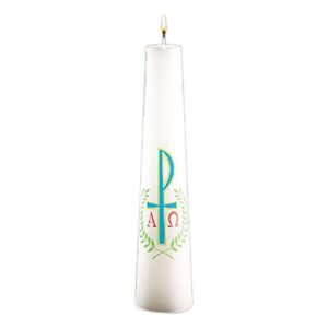 wax advent christ pillar candle with water transfer applique decal, 14 inch (chi rho)