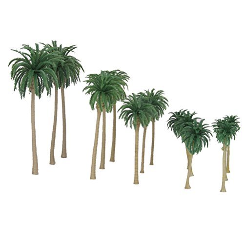 NUOLUX Model Tree Coconut Palm Trees Scenery Model Miniature Railroad Diorama Layout Architecture Trees for DIY Scenery Landscape, Natural Green 5 Size 15Pcs