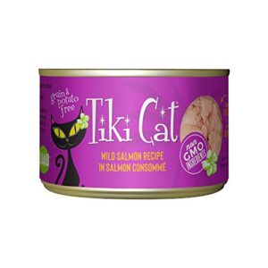 tiki cat luau shredded meat, wild salmon recipe in salmon consumme, grain-free balanced nutrition wet canned cat food, for all life stages, 6 oz. cans (pack of 8)