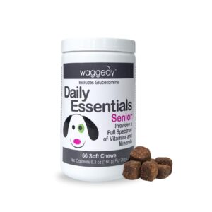 waggedy daily essentials senior soft chews with glucosamine — pet supplies for digestion and joint health — dog multivitamin treats for overall defense — dog vitamins and supplements (60 chews)