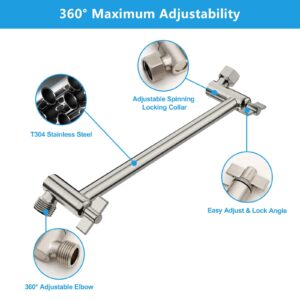 Lordear Shower Extension Arm Brushed Nickel,11 Inch Wall Mounted Extender Rainfall Adjustable Extension Shower Head Arm, Easy for Any Shower Angles