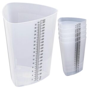 plastic graduated triangular intake output container [5 pack] 32 ounce three-sided translucent laboratory beaker for measuring and mixing - clear markings in oz and cc - for specimen, paint and epoxy