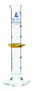 eisco graduated cylinder, 50ml - astm, class a tolerance ±0.25ml - protective collar, hexagonal base - blue graduations - borosilicate 3.3 glass