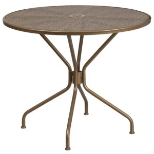 flash furniture oia commercial grade 35.25" round gold indoor-outdoor steel patio table with umbrella hole