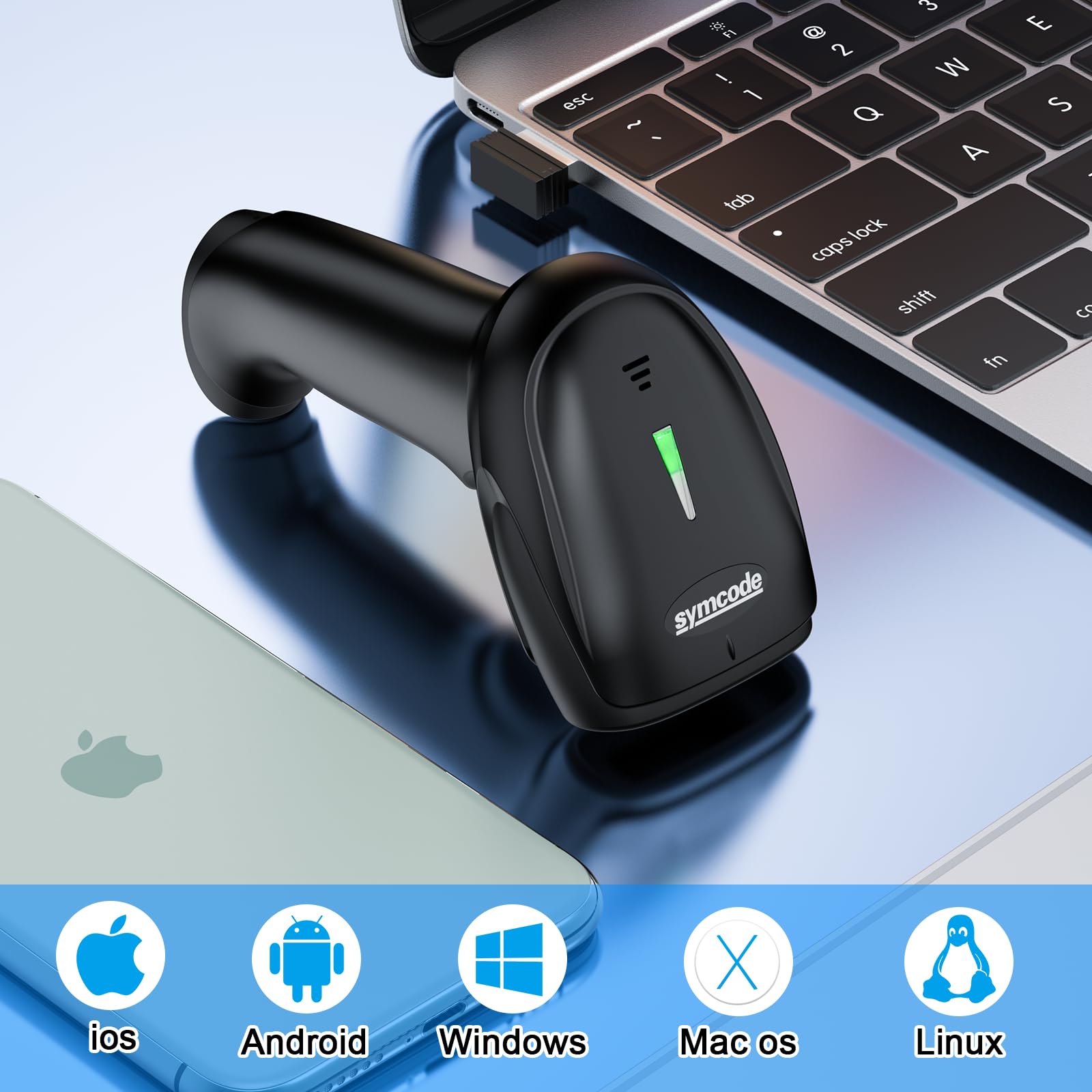 Symcode 2D Wireless Barcode Scanner,Bluetooth6.0 & Wireless2.4G & USB Wired Connection, 1D QR Bar Code Reader Scanner Automatic Fast Precise scanning for Smart Phone, Tablet, PC