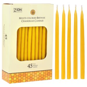 quality natural beeswax hanukkah candles set of 45 - standard size chanukah candle 5.75" tall - premium bee wax chanukkah candles fits standard menorahs by zion judaica