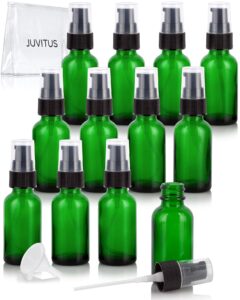 1 oz / 30 ml green glass boston round bottle with black treatment pump (12 pack) + clear travel bag and funnel