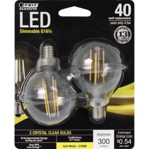 feit electric - decorative clear glass filament led dimmable 40w equivalent soft white (2700k) globe bulb, pack of 2 (bpg1640/827/led/2)