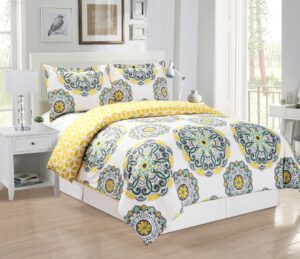 grand linen - 3-piece fine printed king size duvet cover set - double brushed soft microfiber - stain restant all season set in black, white, yellow and grey colors with elegant geometric pattern.