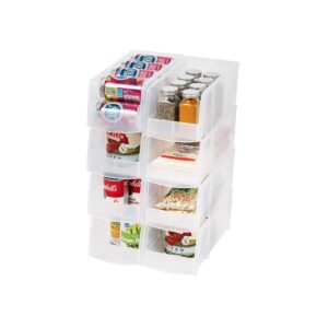 iris usa clear plastic stackable storage bins, large- 8 pack, open front fridge pantry kitchen closet cabinet bathroom organizer basket for organizing snack, cans, office supplies, and coffee pods