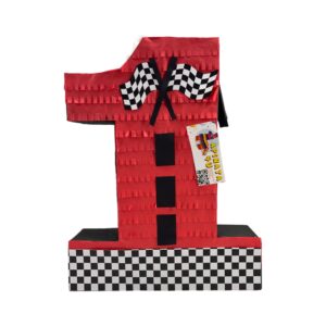 apinata4u number one race car pinata, red checkered flag pinata for first birthday, racing theme party supplies, race track decor, kids car pinata, boys 1st birthday, race car checkered flag design