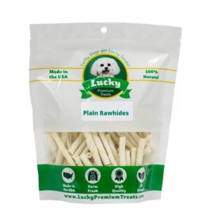 lucky premium treats plain rawhide sticks – all-natural rawhide dog treats for extra small dogs, gluten free premium toy breed dog treats (50 chews)