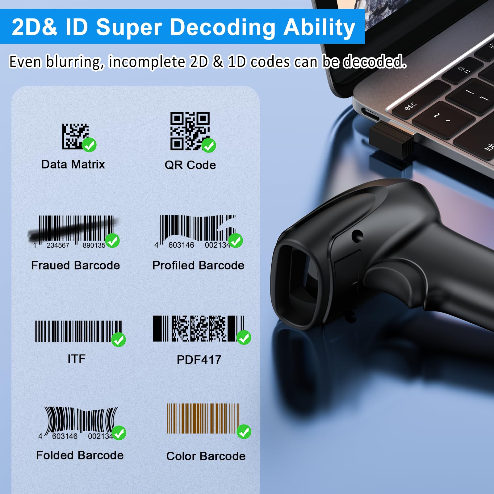 Symcode 2D Wireless Barcode Scanner,Bluetooth6.0 & Wireless2.4G & USB Wired Connection, 1D QR Bar Code Reader Scanner Automatic Fast Precise scanning for Smart Phone, Tablet, PC