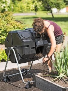 gardener's supply company compost tumbler with wheels | heavy duty dual rotating batch outdoor organic compost bin tumbling mixer composter | holds 3 cubic ft of kitchen waste & garden clippings