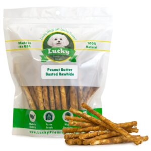 lucky premium treats peanut butter basted rawhide – all-natural rawhide and peanut butter dog treats for small dogs, gluten free premium small breed dog treats (25 chews)