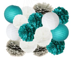 teal bridal shower decorations white teal grey tissue paper pom pom paper lanterns teal themed party wedding teal blue baby shower teal sweet 16 birthday party decorations mermaid party supplies