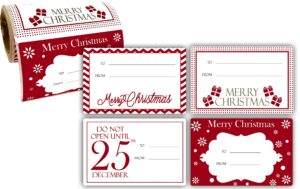 jumbo christmas gift tag stickers 60 count modern red, white, silver, and gold xmas designs - looks great on gifts presents, wrapping paper and gift bags.