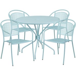 flash furniture oia commercial grade 35.25" round sky blue indoor-outdoor steel patio table set with 4 round back chairs