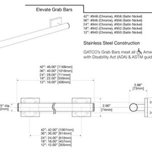 Gatco 942 Elevate 18" L Grab Bar, Chrome/Stainless Steel ADA Compliant Safety Grab Bar