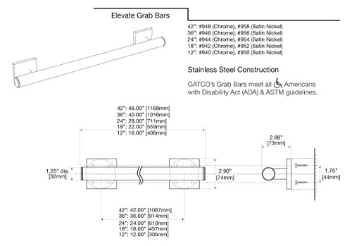 Gatco 942 Elevate 18" L Grab Bar, Chrome/Stainless Steel ADA Compliant Safety Grab Bar