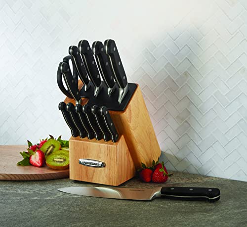 Farberware Self-Sharpening 13-Piece Knife Block Set with EdgeKeeper Technology, High Carbon Stainless Steel Kitchen Knife Set with Ergonomic Handles, Razor-Sharp Knife Set, Natural