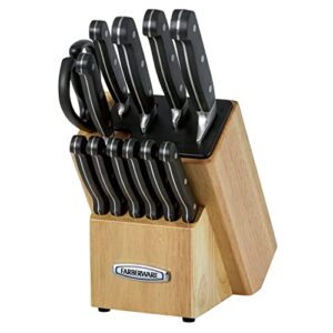 farberware self-sharpening 13-piece knife block set with edgekeeper technology, high carbon stainless steel kitchen knife set with ergonomic handles, razor-sharp knife set, natural