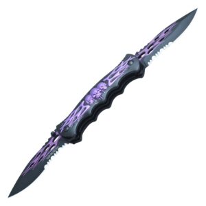 Wartech Thumb Open Spring Assisted Double Blade Skull Frames Handle Knife (Purple)