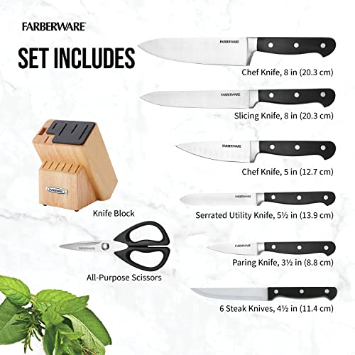 Farberware Self-Sharpening 13-Piece Knife Block Set with EdgeKeeper Technology, High Carbon Stainless Steel Kitchen Knife Set with Ergonomic Handles, Razor-Sharp Knife Set, Natural