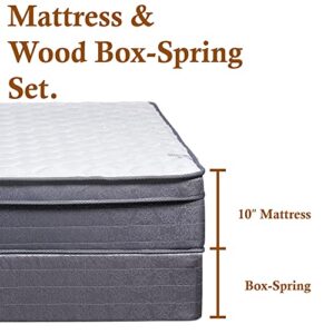 Spring Coil 10-Inch Plush Foam Encased Hybrid Eurotop Innerspring Mattress and 4" Wood Low Profile Boxspring/Foundation Set, Full xL