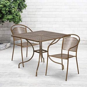 flash furniture oia commercial grade 35.5" square gold indoor-outdoor steel patio table set with 2 round back chairs