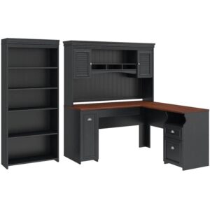 bush furniture fairview l shaped desk with hutch and 5 shelf bookcase in antique black