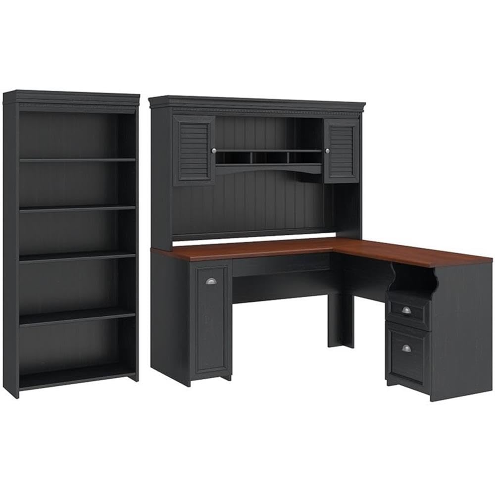 Bush Furniture Fairview L Shaped Desk with Hutch and 5 Shelf Bookcase in Antique Black