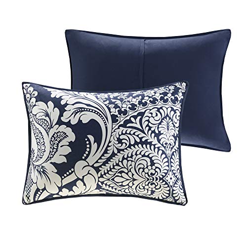 Madison Park Vienna Cotton Poly Blend Duvet Set - Classic Traditional Design, Cozy All Season Comforter Cover, Matching Shams, Decorative Pillows Vienna, King/Cal King(104"x92"), Indigo 6 Piece