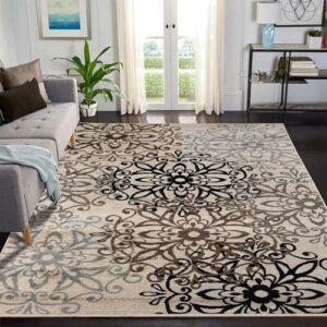 superior indoor area rug, jute backed, perfect for entryway, office, living/dining room, bedroom, kitchen, hardwood floor, floral scroll decor, leigh collection, 8' x 10', multi-colored