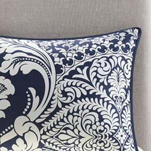 Madison Park Vienna Cotton Poly Blend Duvet Set - Classic Traditional Design, Cozy All Season Comforter Cover, Matching Shams, Decorative Pillows Vienna, King/Cal King(104"x92"), Indigo 6 Piece