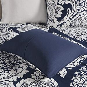 Madison Park Vienna Cotton Poly Blend Duvet Set - Classic Traditional Design, Cozy All Season Comforter Cover, Matching Shams, Decorative Pillows Vienna, King/Cal King(104"x92"), Indigo 6 Piece