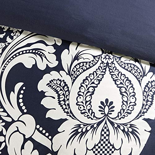 Madison Park Vienna Cotton Poly Blend Duvet Set - Classic Traditional Design, Cozy All Season Comforter Cover, Matching Shams, Decorative Pillows Vienna, King/Cal King(104"x92"), Indigo 6 Piece