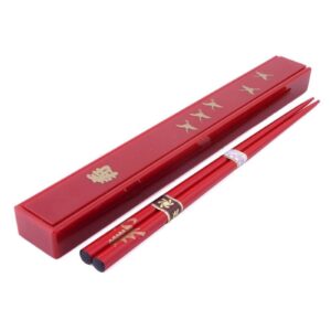 japanbargain, japanese portable chopsticks with case for travel outdoor dinning bento box, gold crane pattern, red color, made in japan