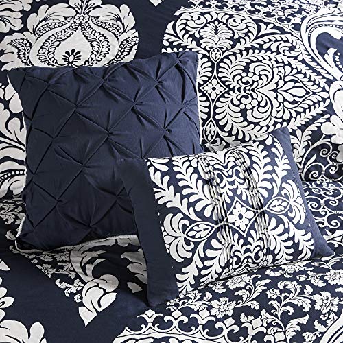 Madison Park Vienna Cotton Poly Blend Duvet Set - Classic Traditional Design, Cozy All Season Comforter Cover, Matching Shams, Decorative Pillows Vienna, King/Cal King(104"x92"), Indigo 6 Piece