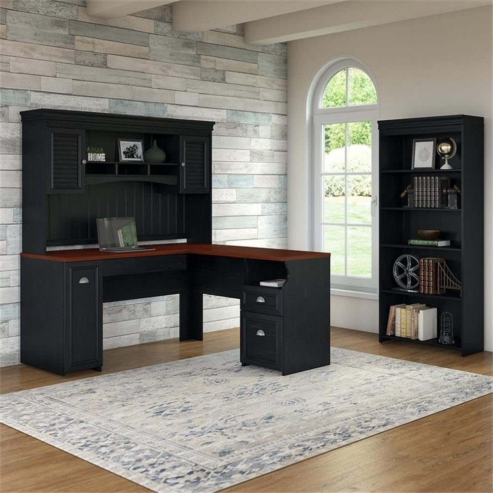 Bush Furniture Fairview L Shaped Desk with Hutch and 5 Shelf Bookcase in Antique Black